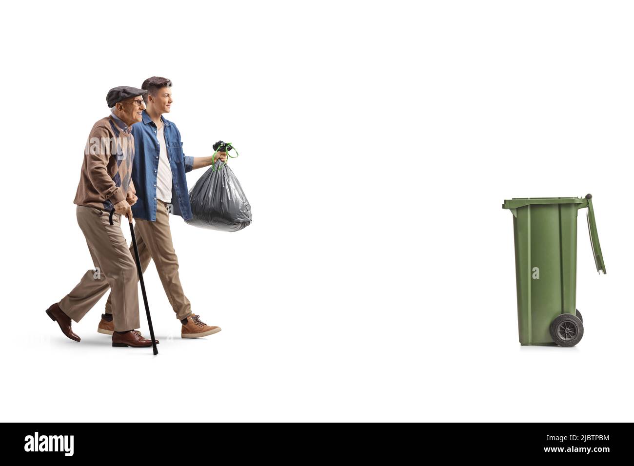 Young and elderly man walking towards dust bin and carrying a plastic ...
