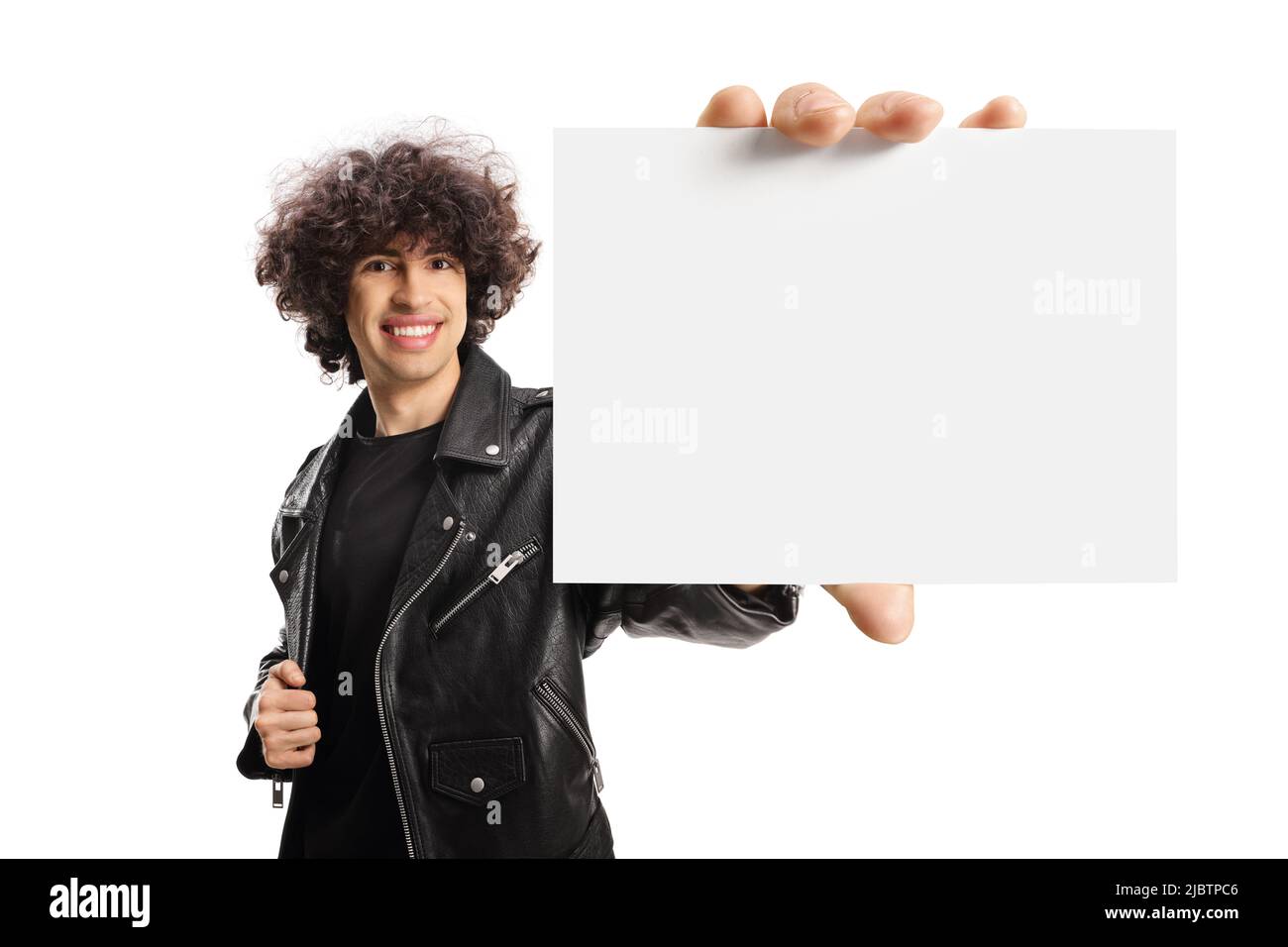 Young man in leather jacket showing a blank card isolated on white ...