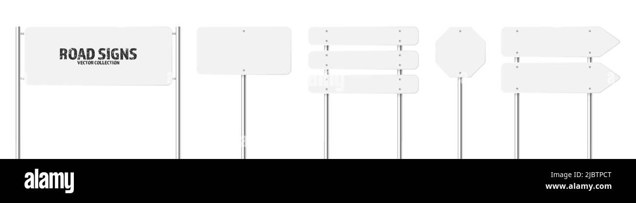 Various road, traffic signs. Highway signboard on a chrome metal pole ...
