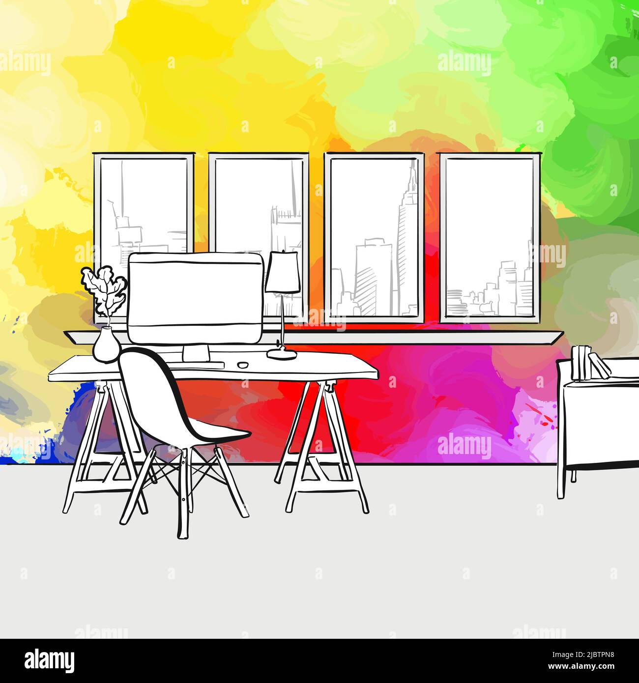 Creative Workplace. Real drawing by hand. Colorful vector sign Stock ...