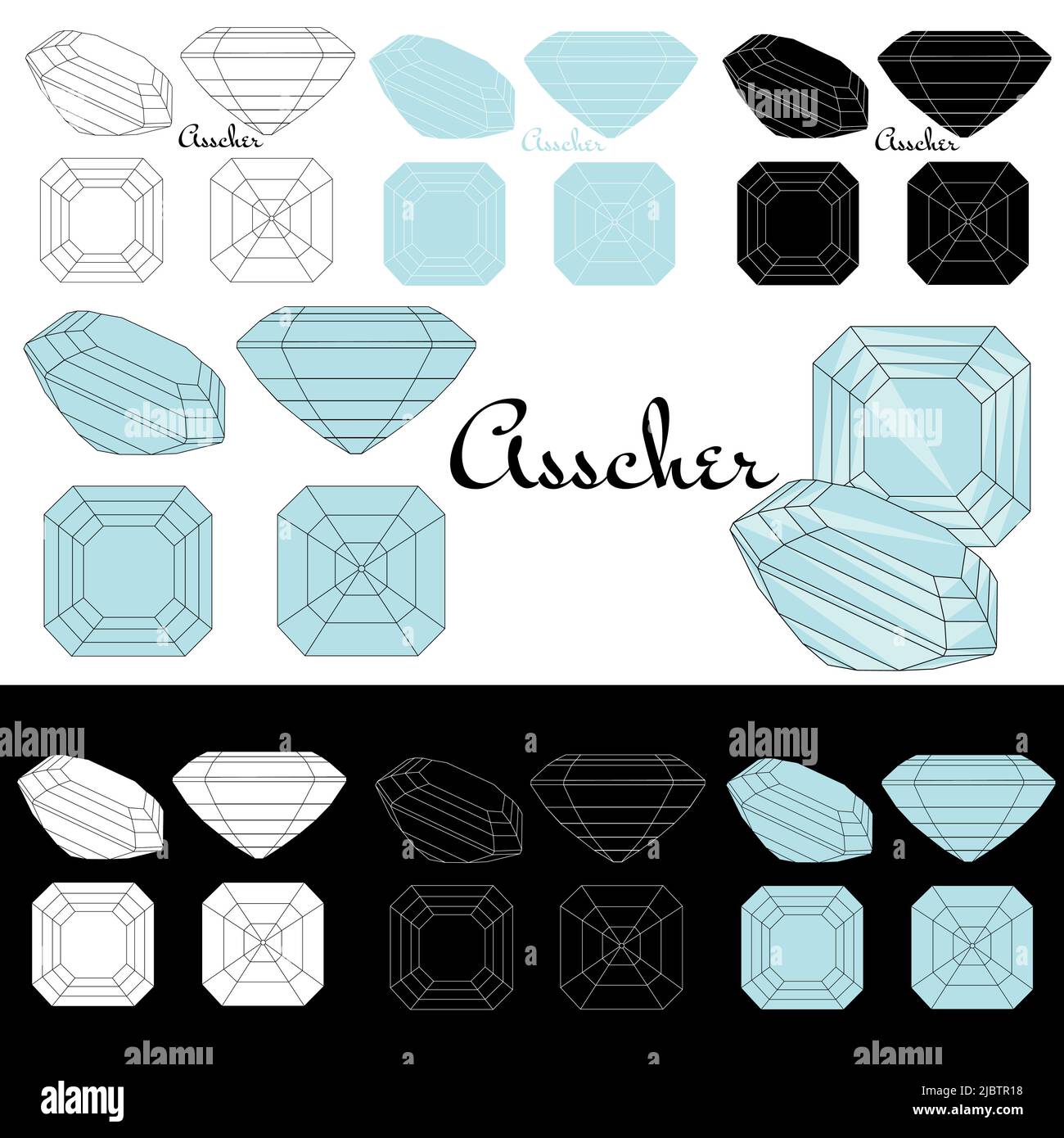 Asscher cut. Cutting gems stones. Types of diamond cut. Four sides of ...