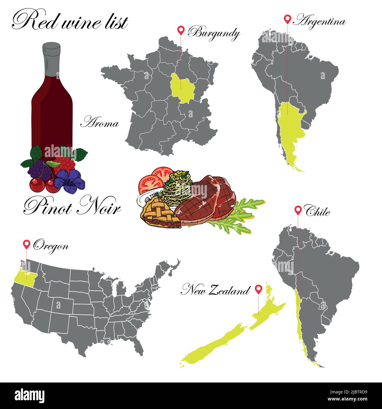 Pinot noir. The wine list. An illustration of a red wine with an ...