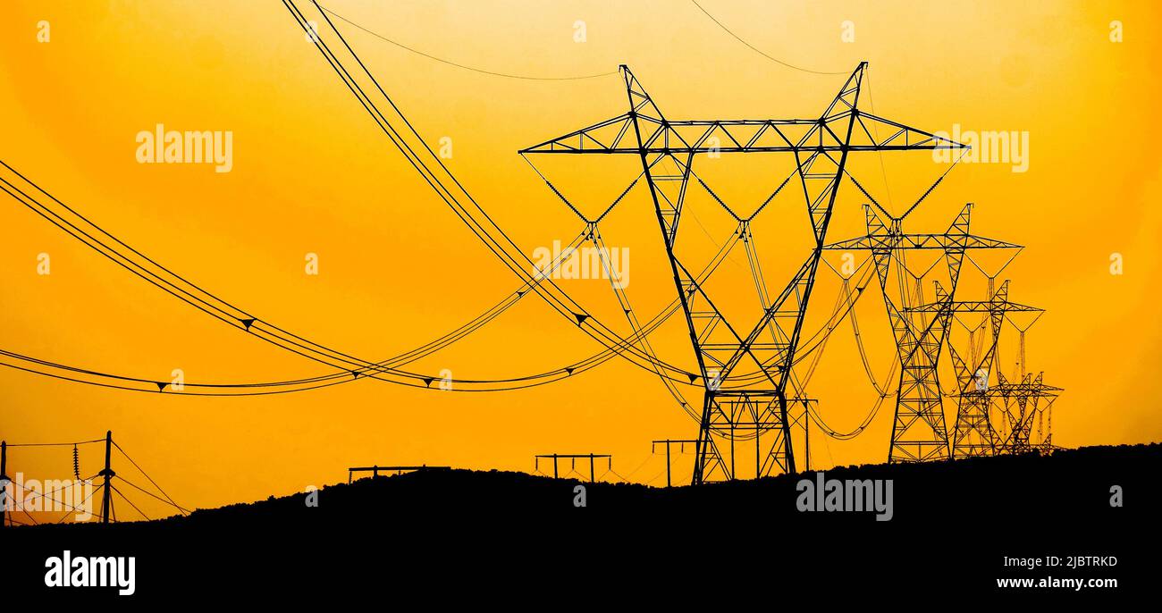 Power lines carrying electricity through towers to people in early ...