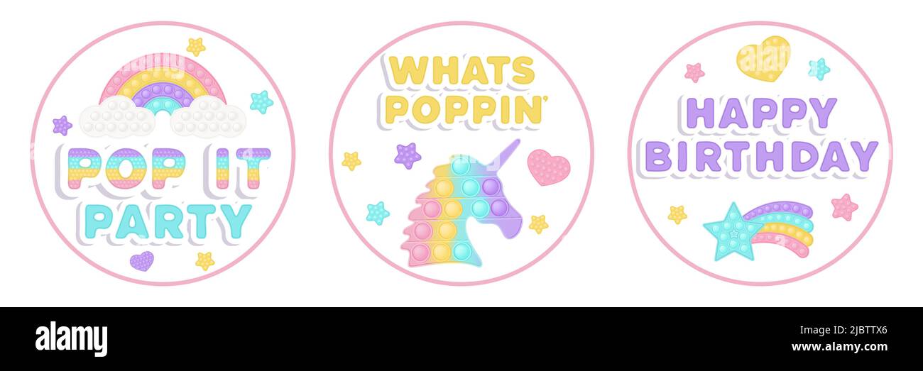 Set of three Birthday favor tags popi it fidget toy vector design with ...