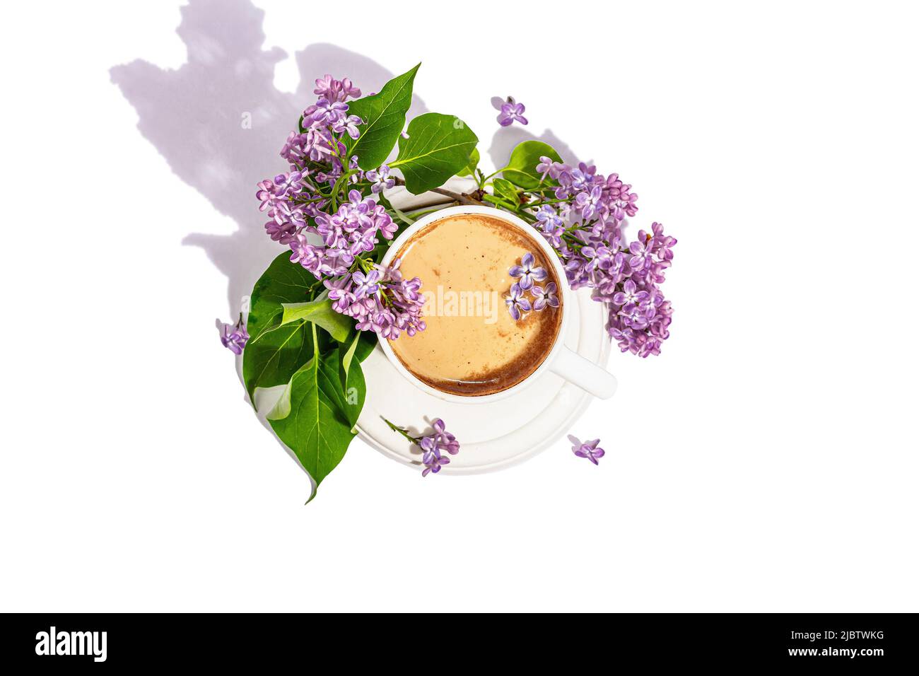 Cup of coffee and lilac flowers bouquet isolated on a white background ...