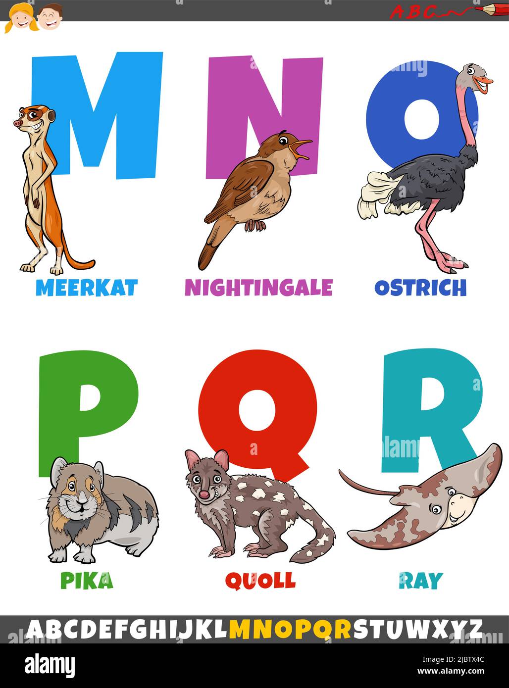 Cartoon illustration of colorful alphabet set from Letter M to R with ...