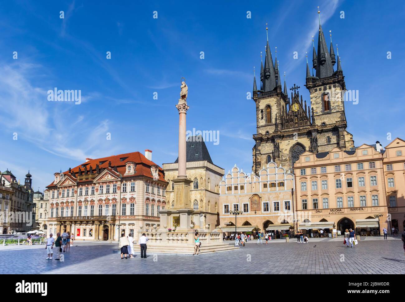 Old town square with Marian column and Tyn church in Prague, Czech ...