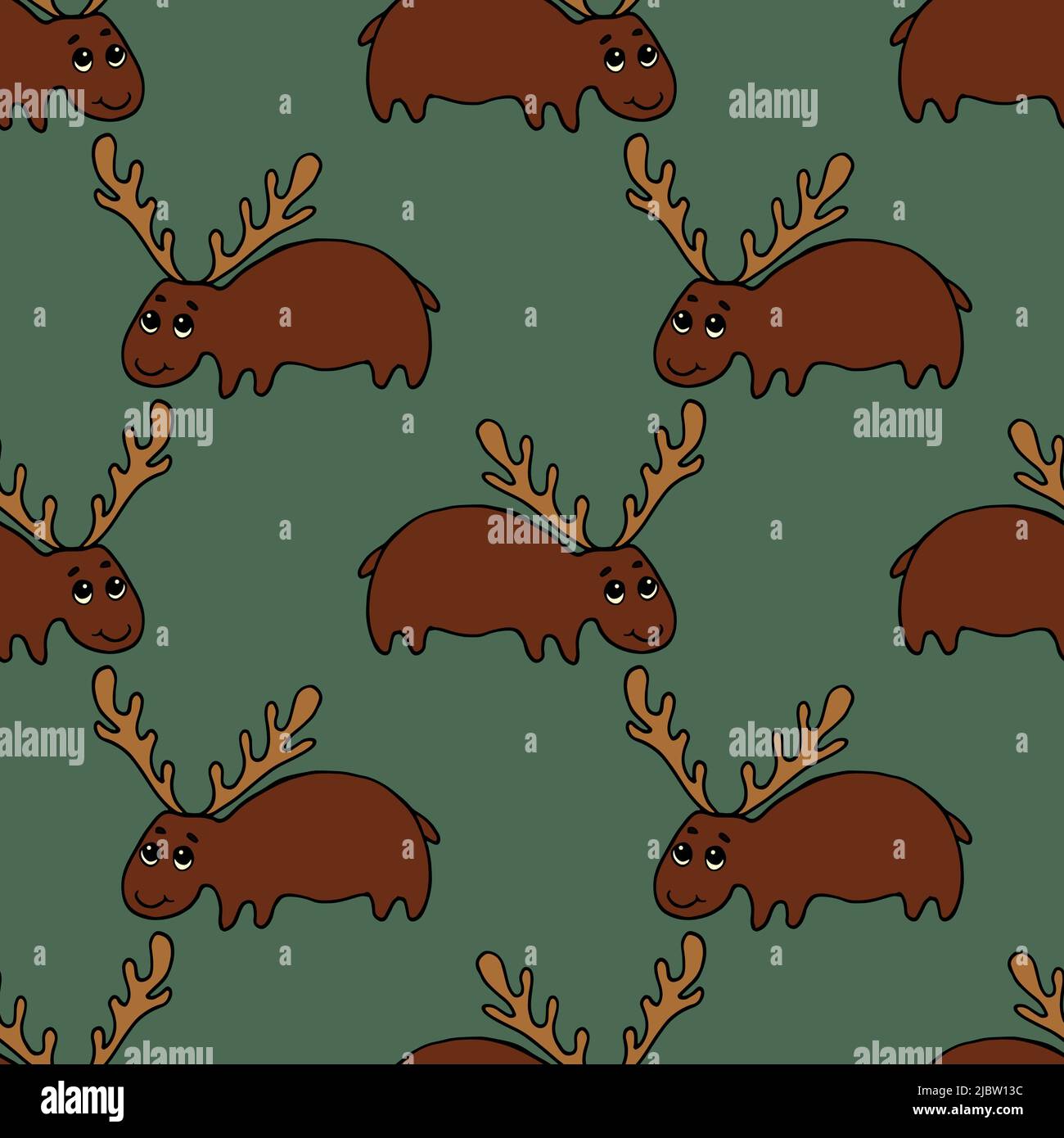 Funny cartoon elk seamless pattern, isolated on dark green background ...