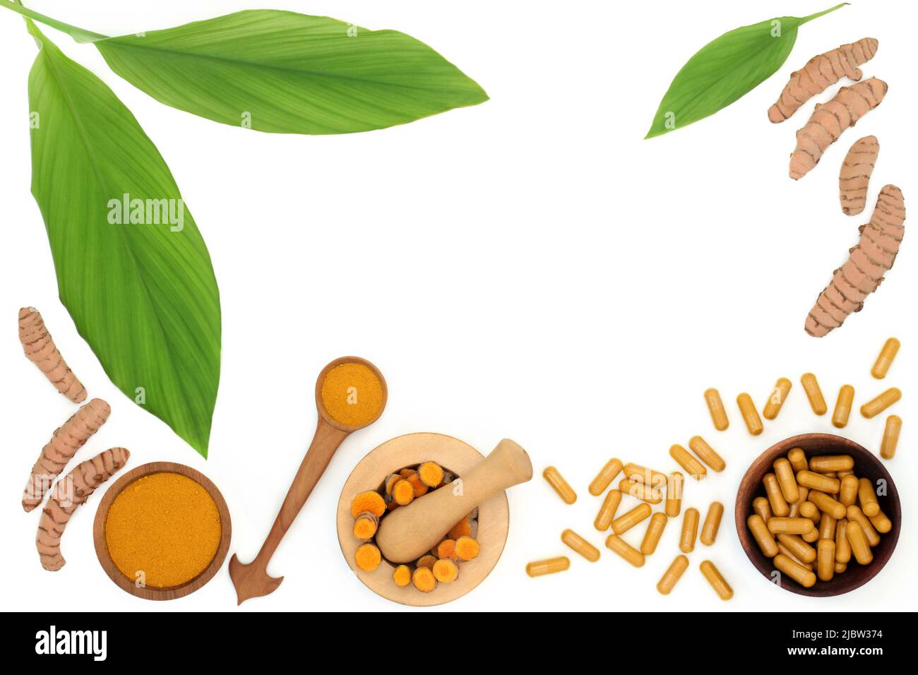 Turmeric food with fresh roots, powder, supplement capsules and leaves ...