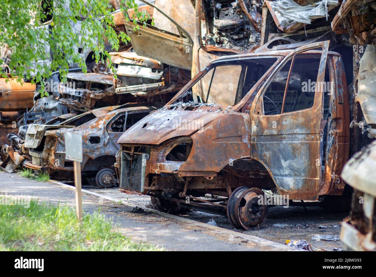 The car was completely destroyed by fire. Abandoned, burnt and rusty ...