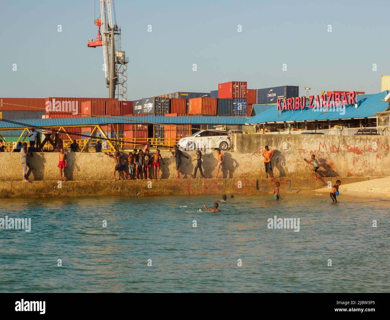 Stone Town, Zanzibar - Jan, 2021: View of the port in Zanzibar with big ...
