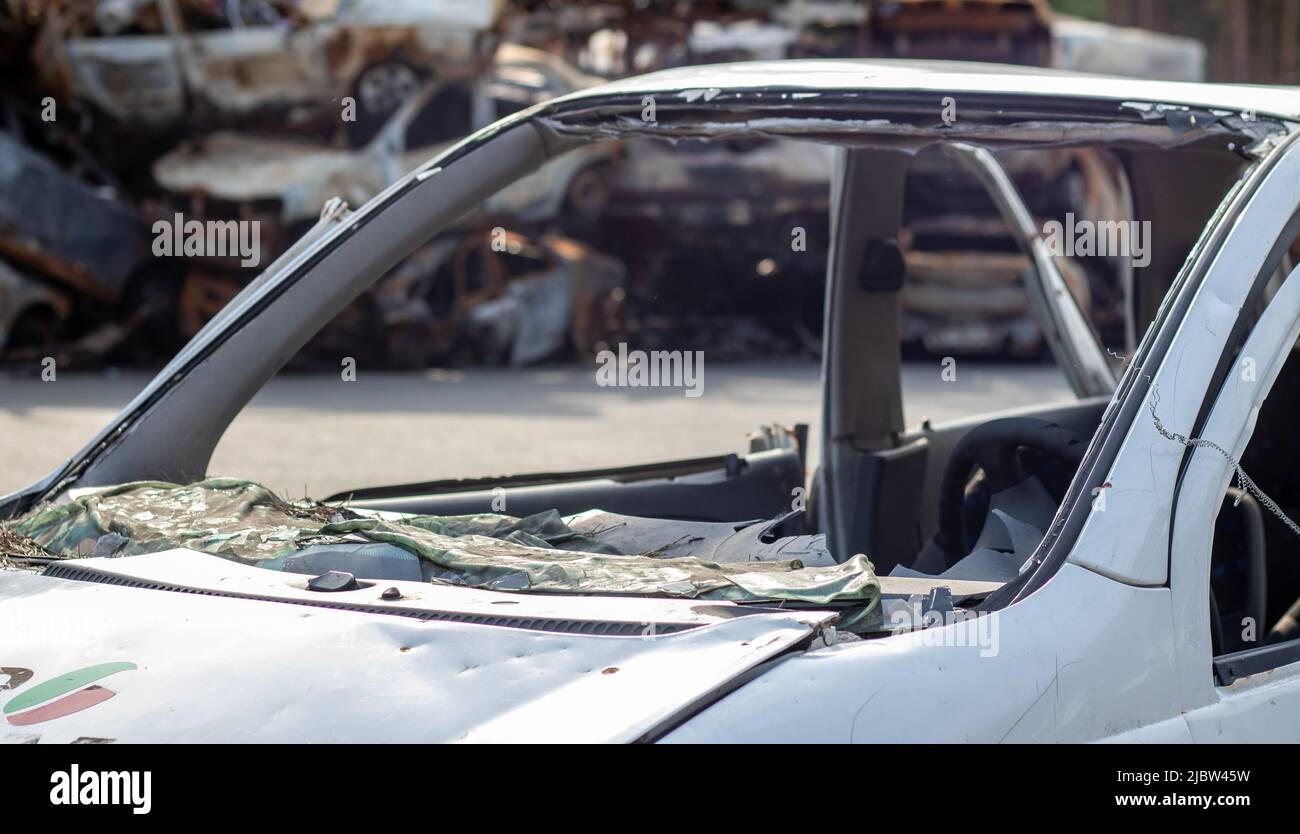 A car after an accident with a broken rear window. Broken window in a ...