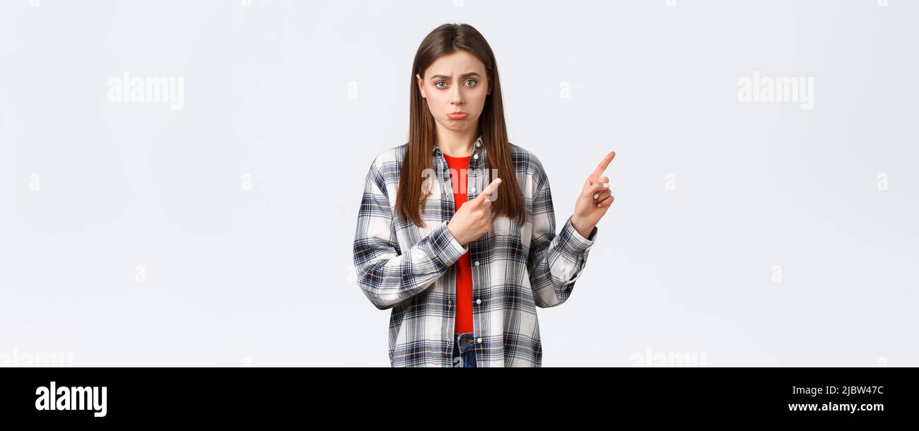 Lifestyle, different emotions, leisure activities concept. Gloomy cute ...