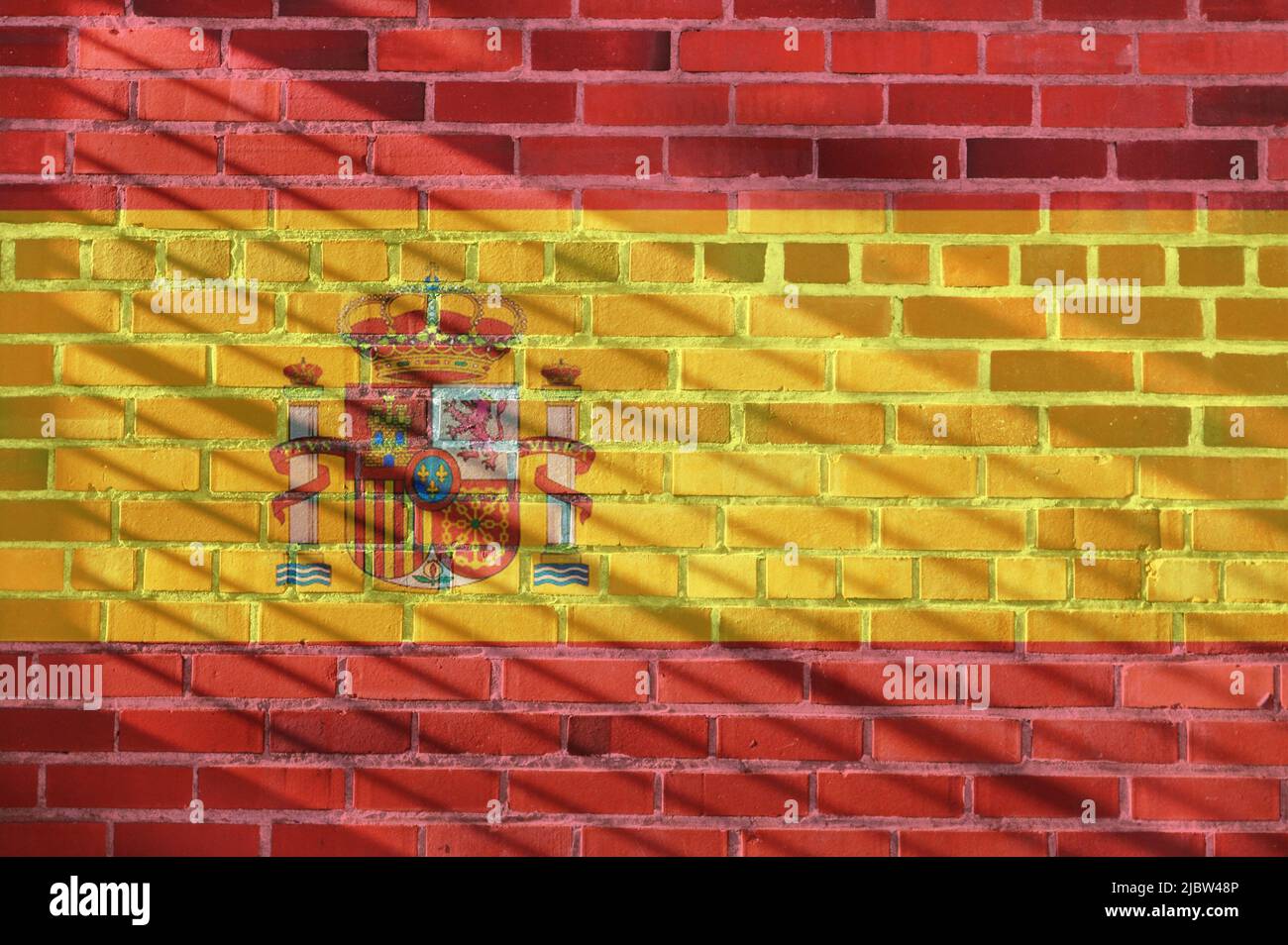 flag of Spain graffiti painted on brick wall. National flag and symbol ...