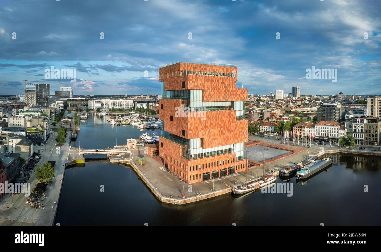 dramatic drone photo of the MAS museum in Antwerp, Belgium. The museum ...
