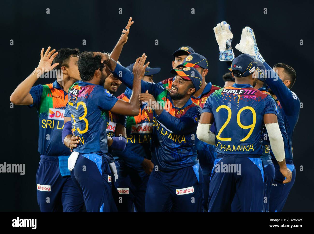 Colombo, Sri Lanka. 8th June 2022. Sri Lanka team celebrates the LBW ...