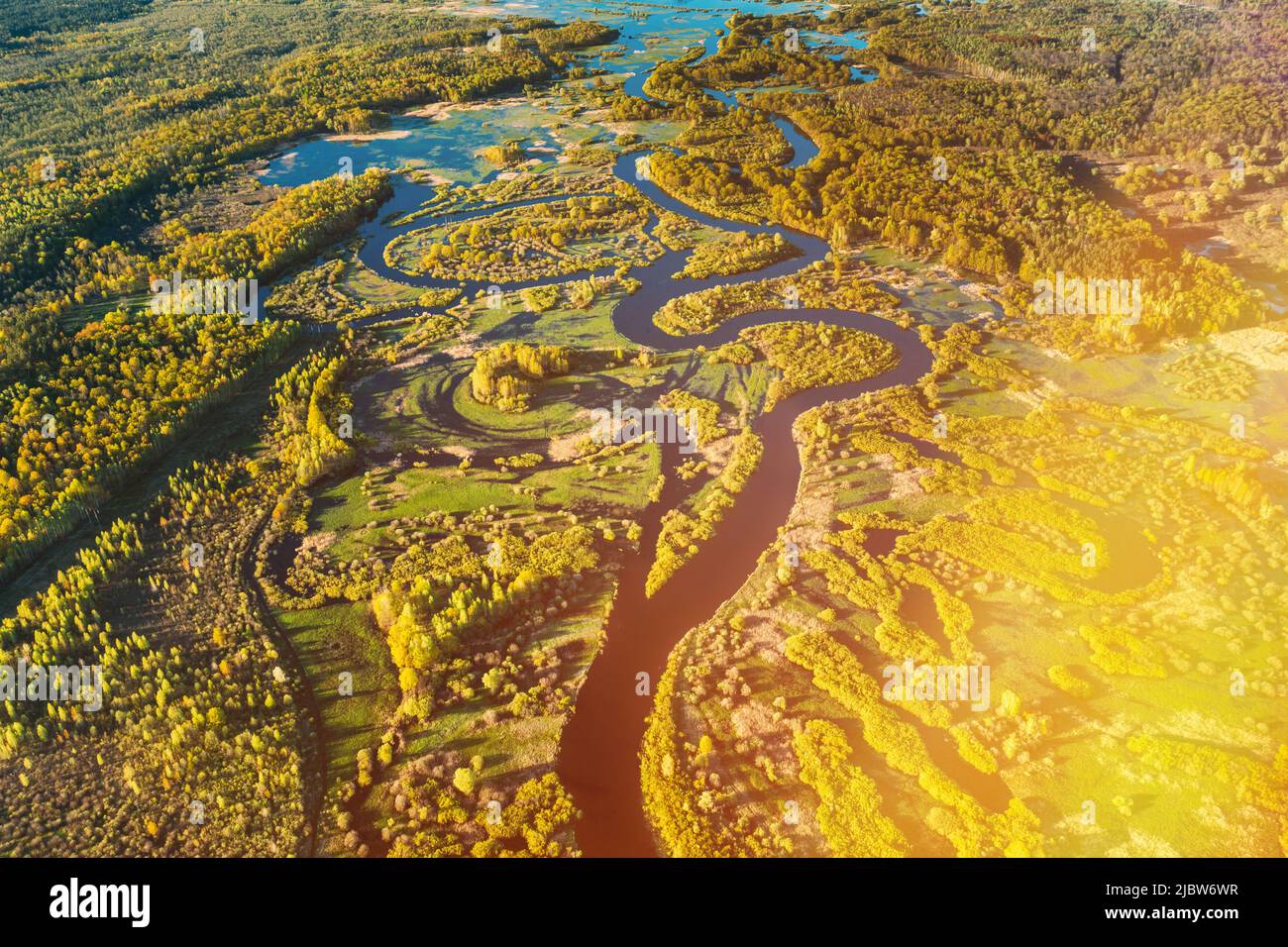 Aerial View Green Forest Woods And River Landscape In Sunny Spring ...