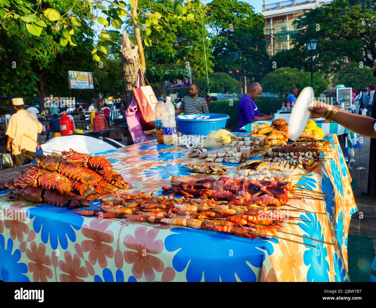 Stone Town, Zanzibar, Tanzania - January, 2021: Grilled seafood at the ...