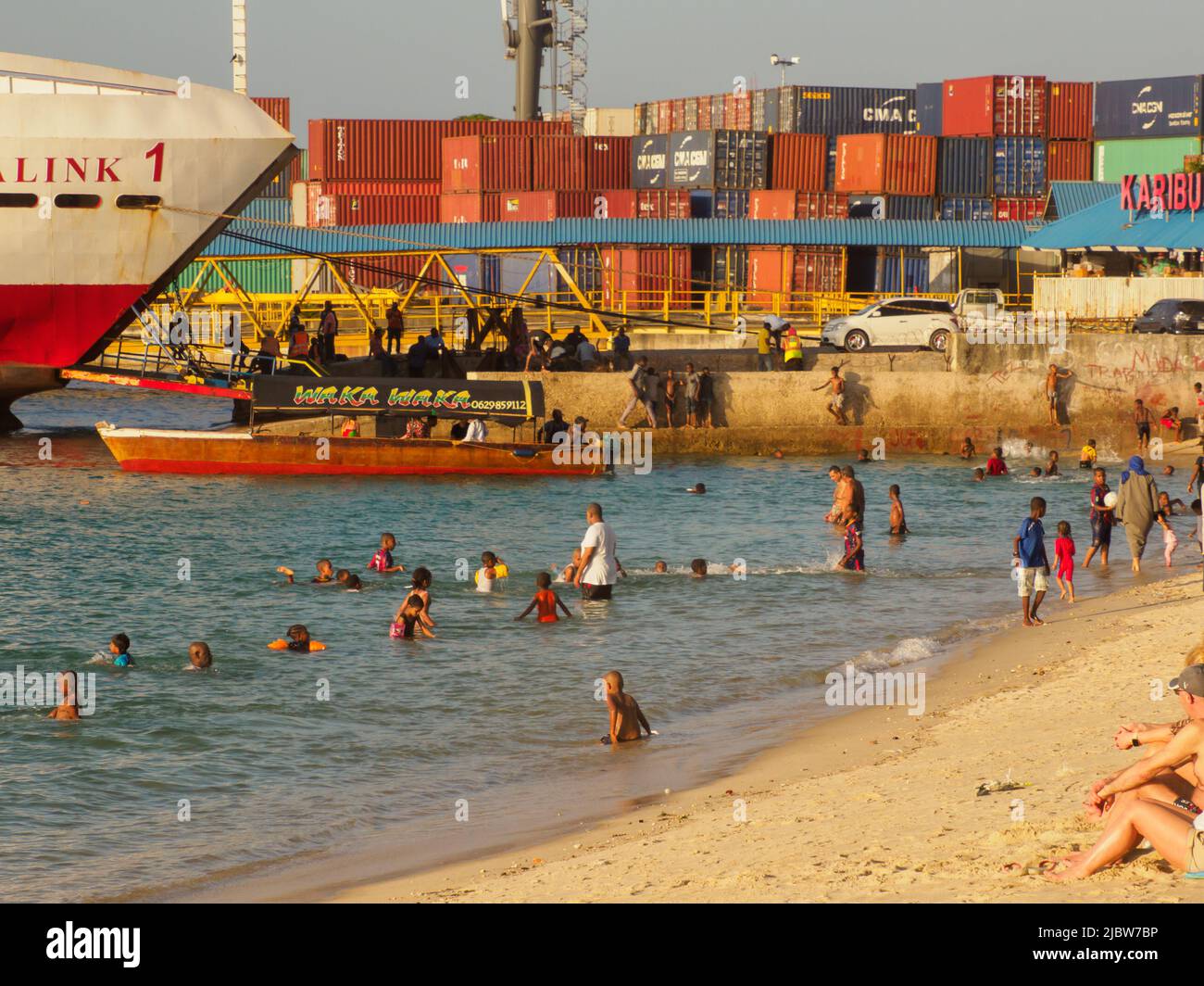 Stone Town, Zanzibar - Jan, 2021: View of the port of Zanzibar with big ...