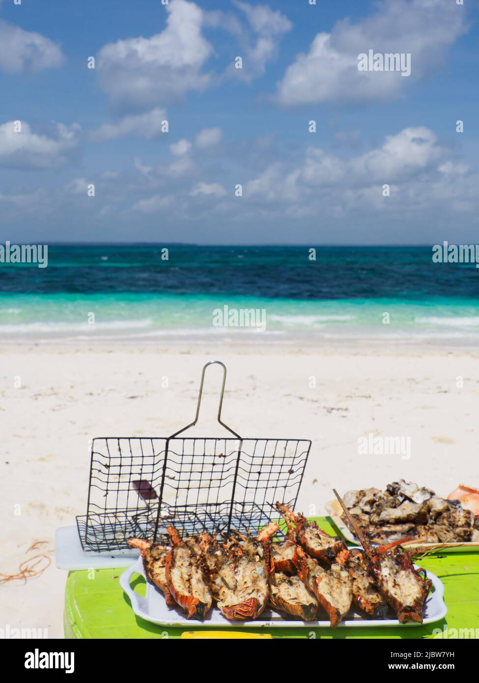 Grilled seafood served during a Blue Safari to sandbank in Menai Bay ...