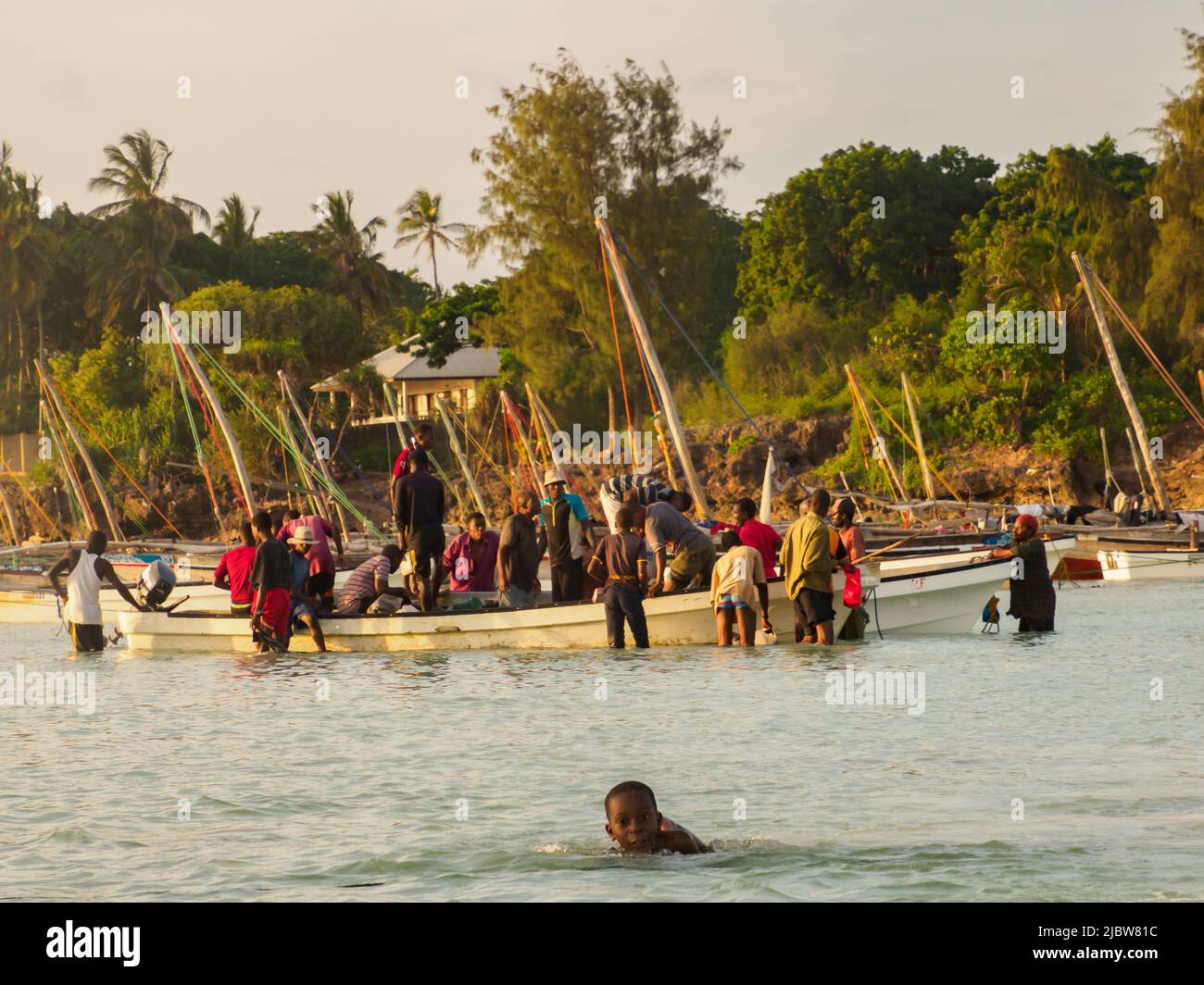 Zanzibar, Tanzania - Jan, 2021: Fishermen collecting fish from wooden ...