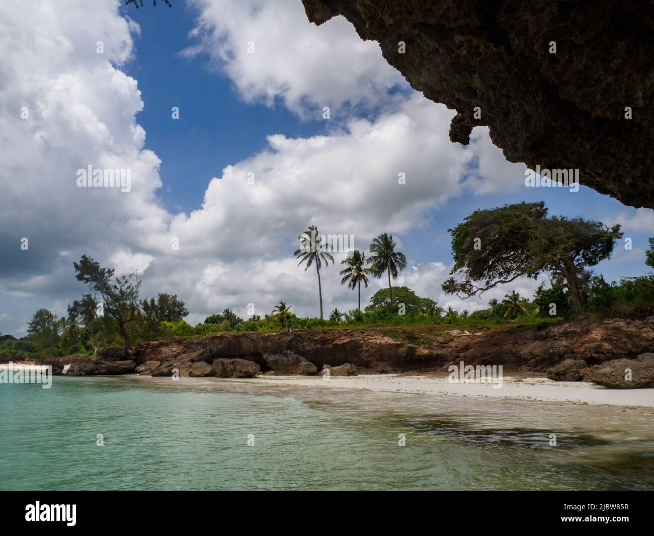 Palm trees on the cliff over the water of Indian ocean at the Menai Bay ...
