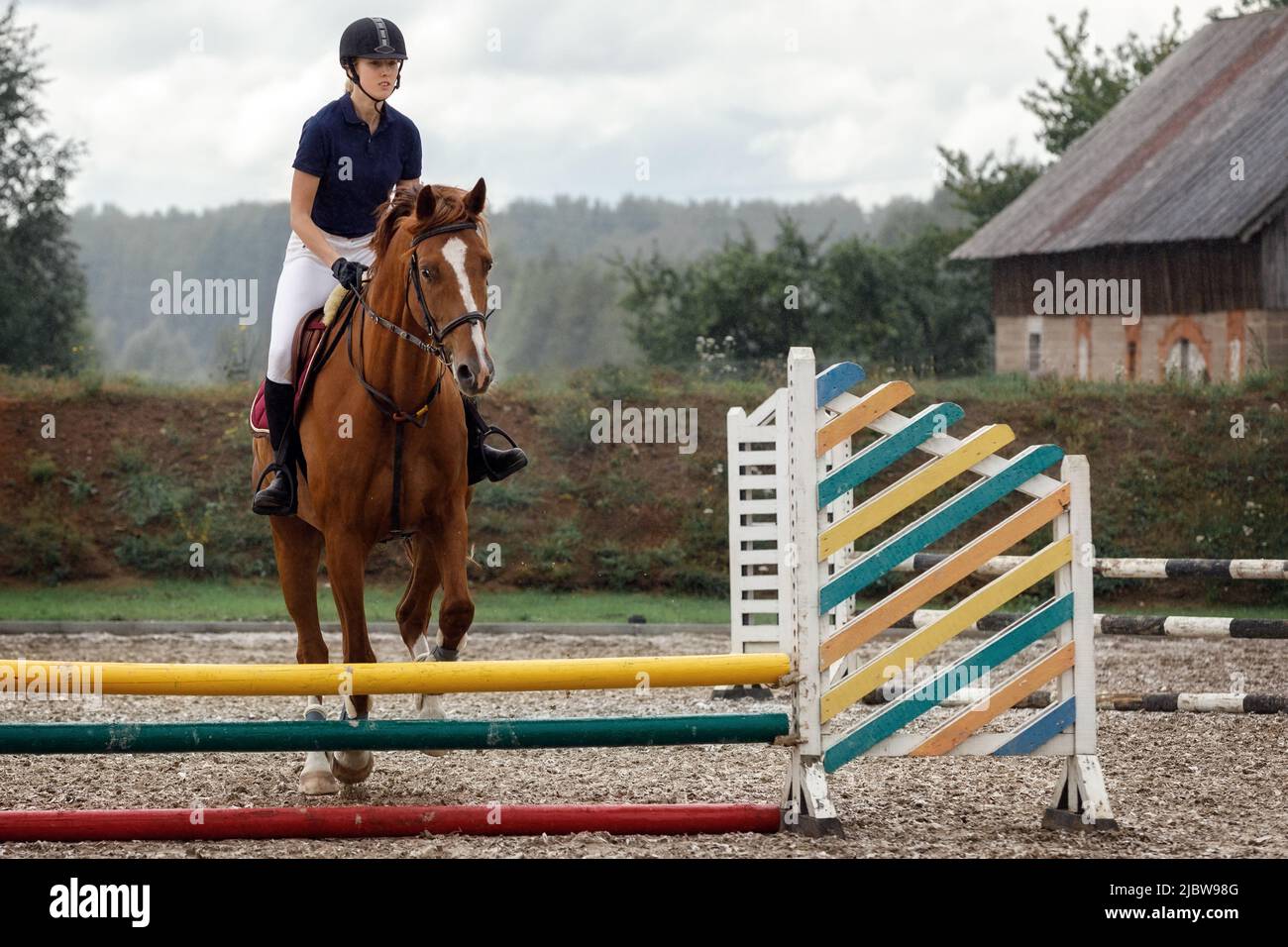 Active woman girl jockey training riding horse jumping over fence ...
