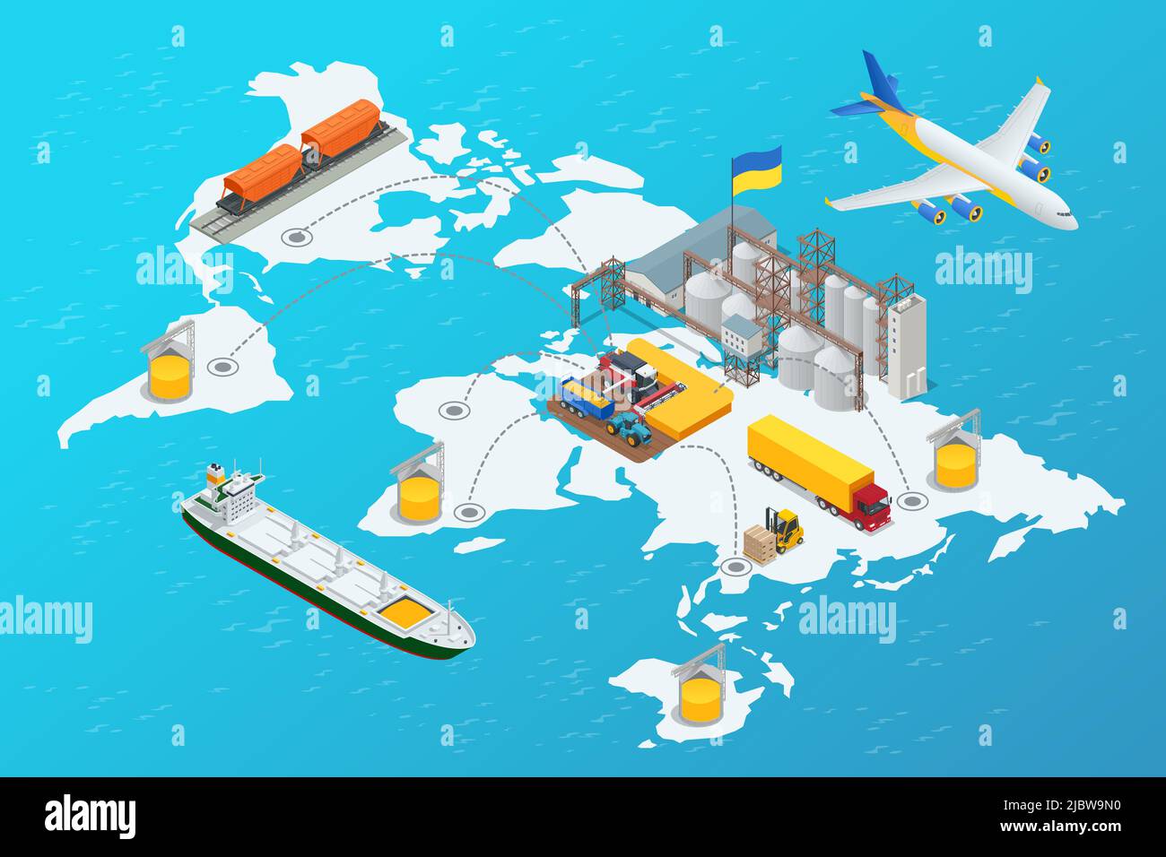 The concept of harvest, export, import. Isometric Grain Export. Global ...