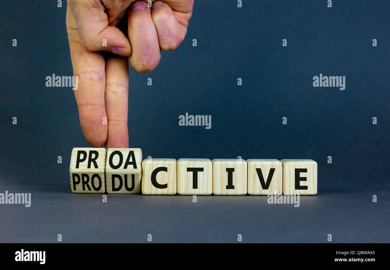 Proactive and productive symbol. Businessman turns cubes and changes ...