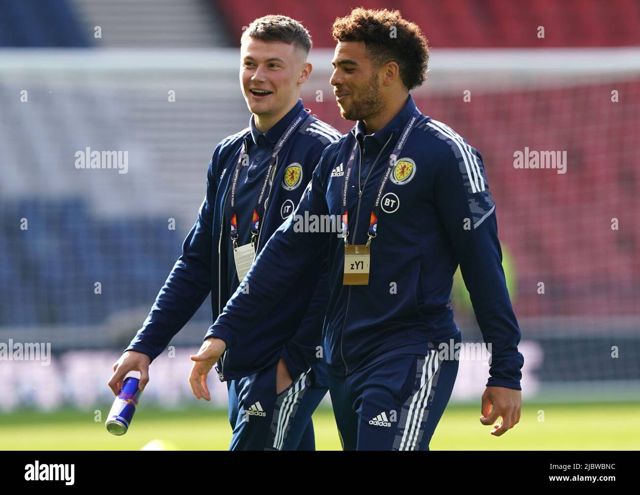 Scotland's Nathan Patterson (left) and Scotland's Che Adams inspect the ...