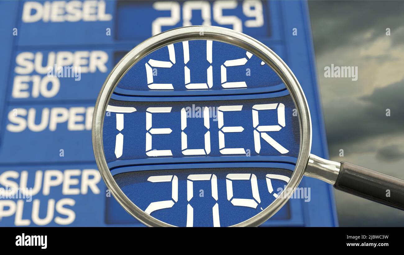Magnifying glass with a view to gas station price display with the ...