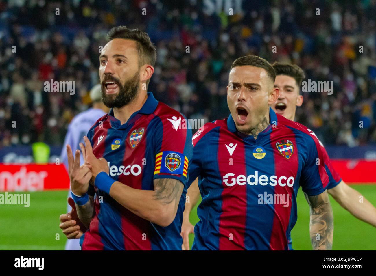 Valencia, (SPAIN) - April 10, 2022 - Levante U.D. players Morales and ...