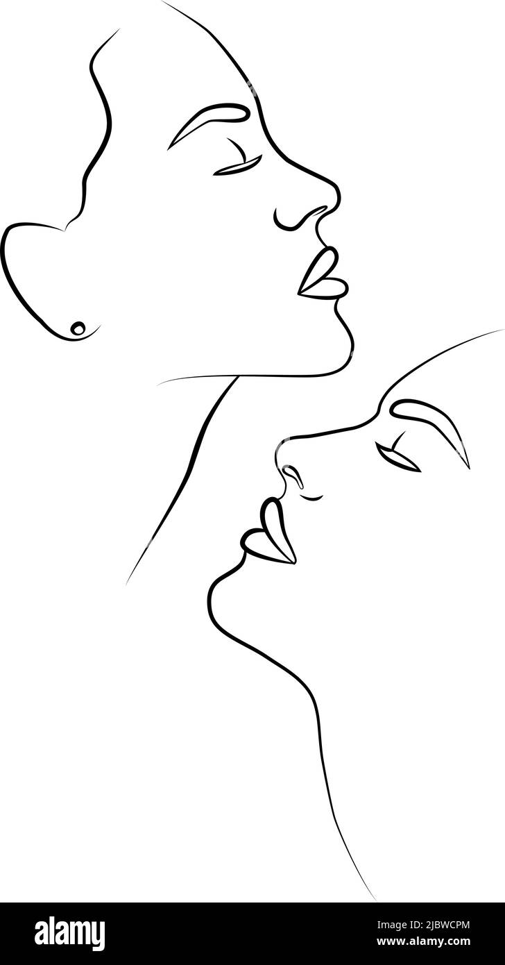 One line. Two faces in one line. Couple print, kiss print. Portrait ...