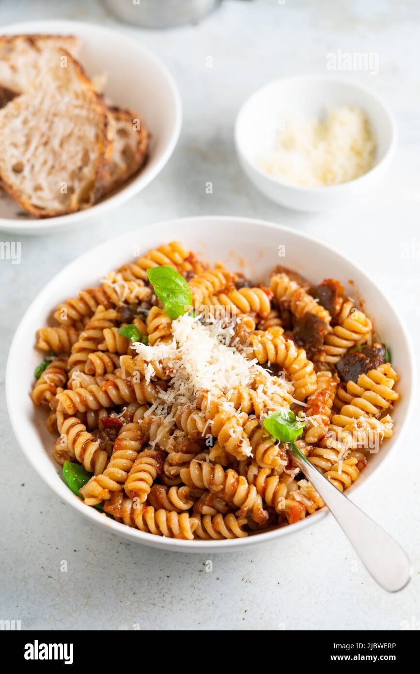 Pasta alla Norma - traditional Italian food with eggplant, tomato ...