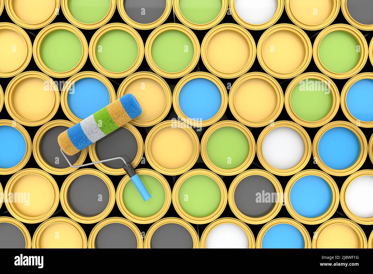 Set of open metal can or buckets of paint in row pattern on white ...