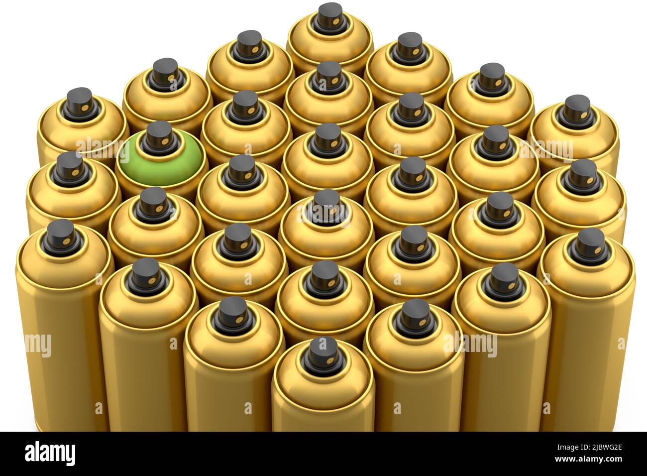 Set of gold spray paint cans in row on white background. 3d render ...