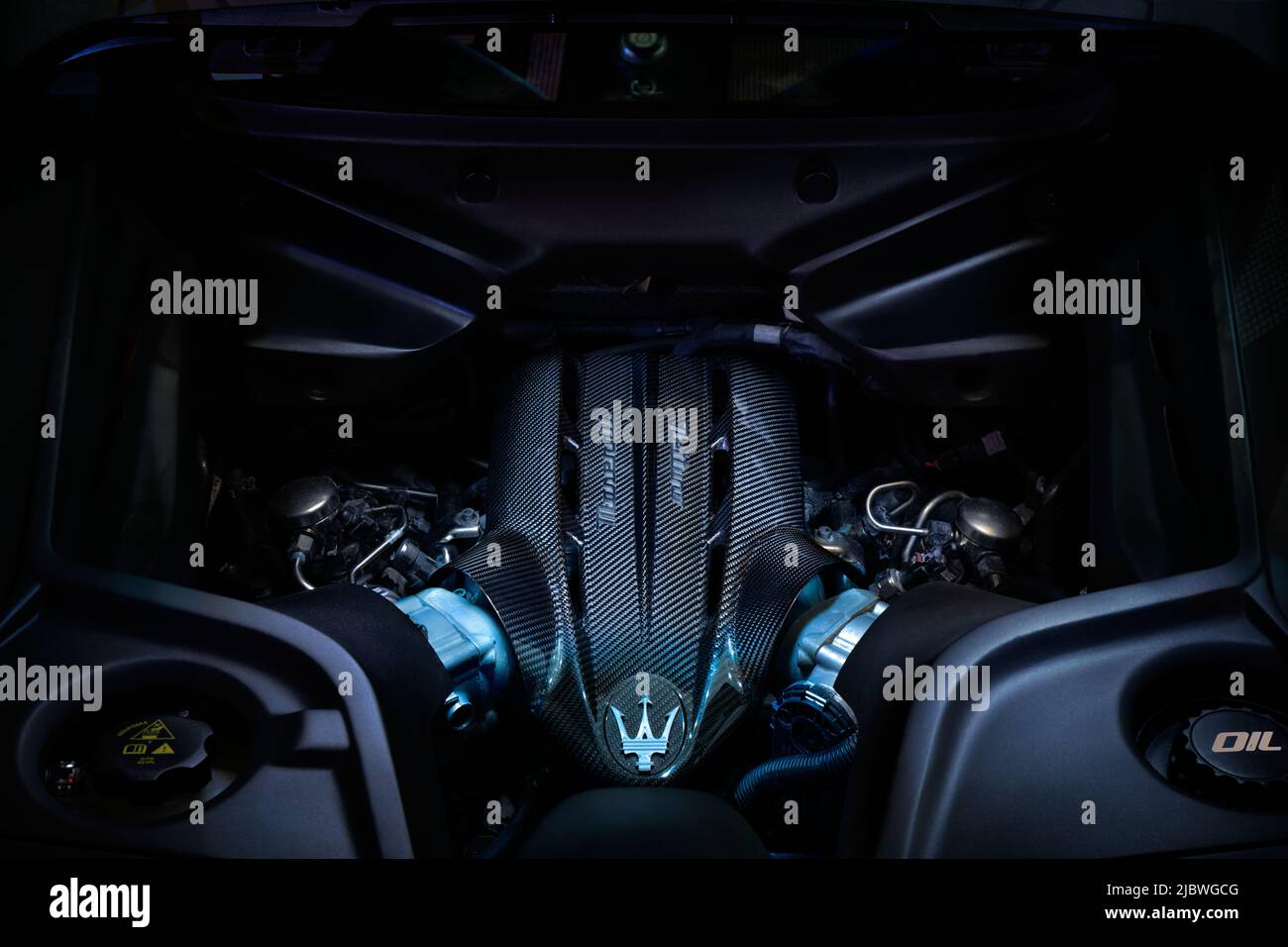 Engine of Maserati MC 20. 3.0l V6 Twin Turbo, 630 HP, 730 Nm, 325 km-h ...