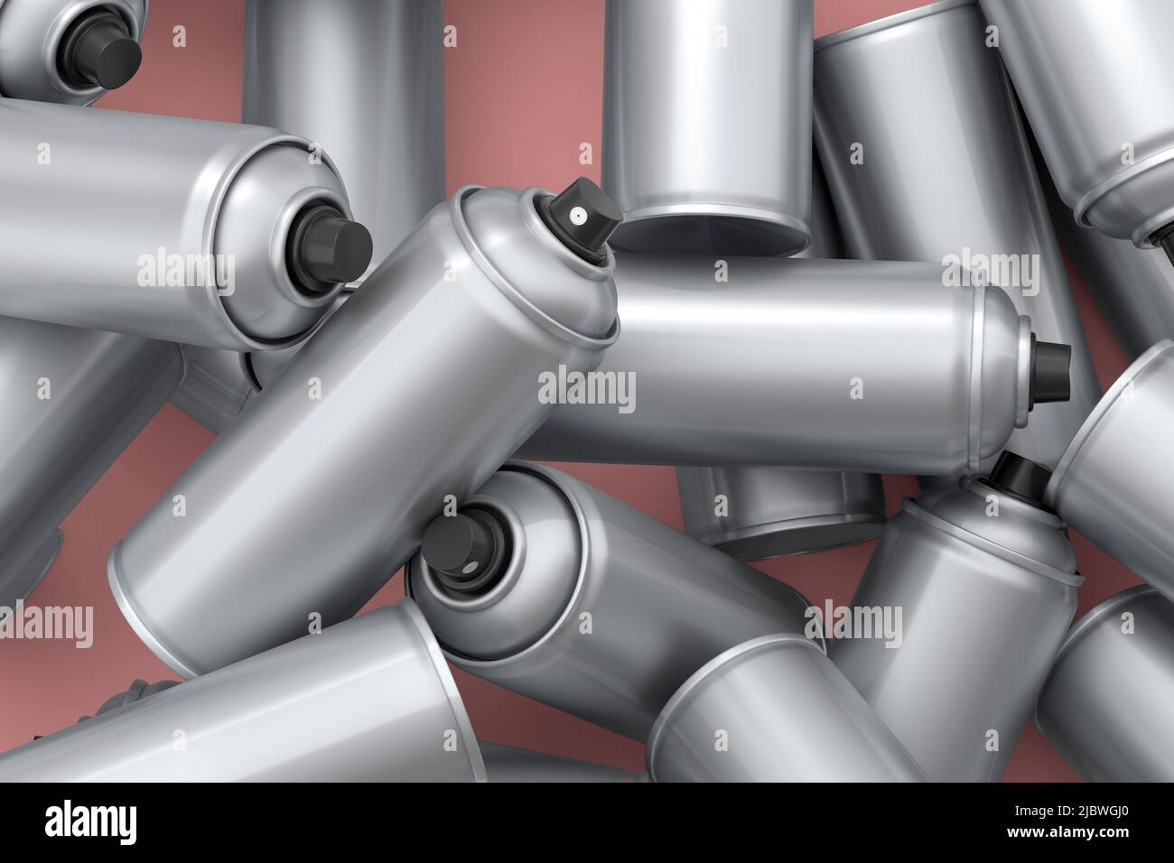 Lots of flying spray paint cans on pink background. 3d render spray ...