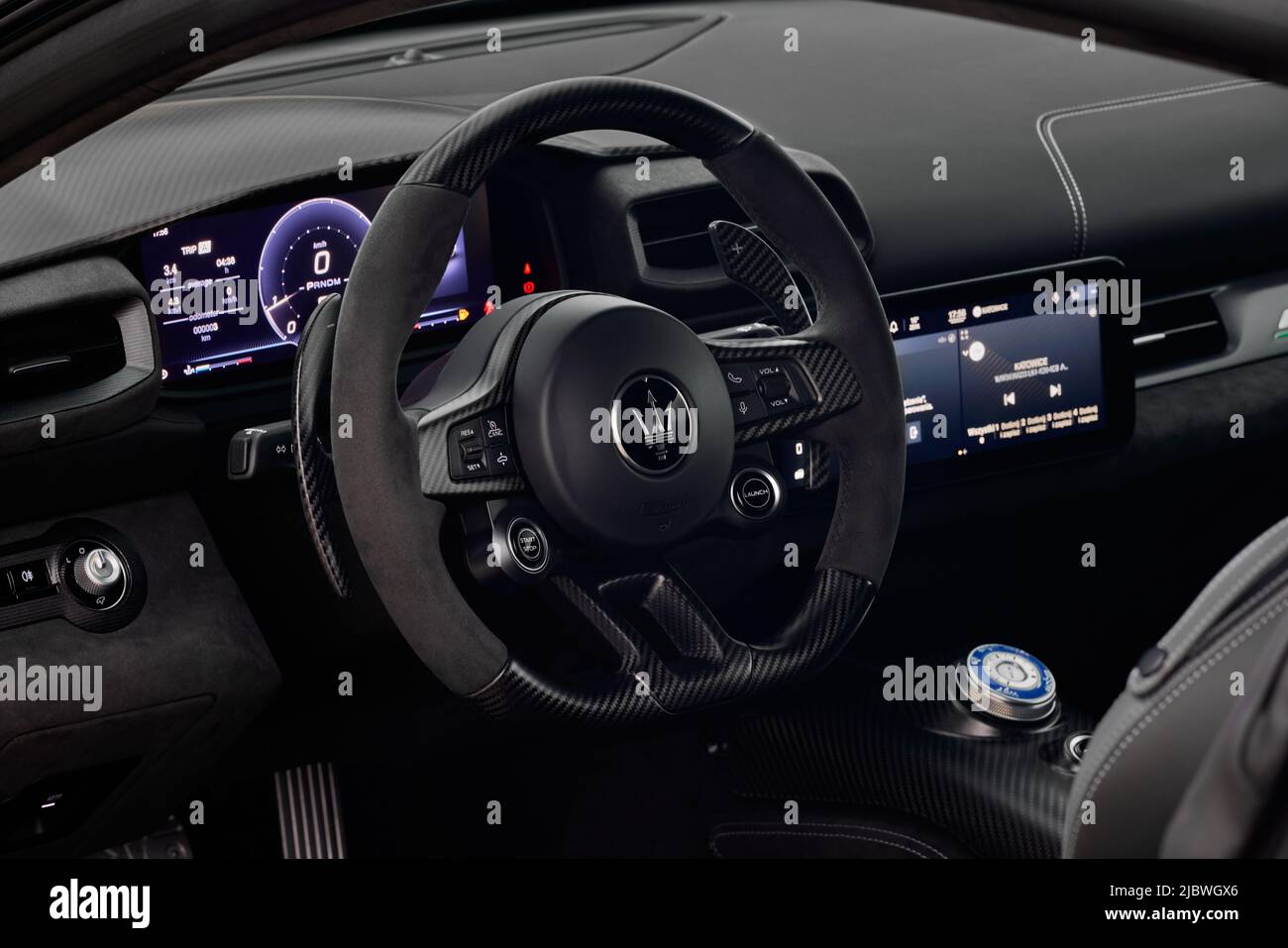 Carbon steering wheel and Maserati MC 20 cab. Katowice, Poland, 23.09. ...