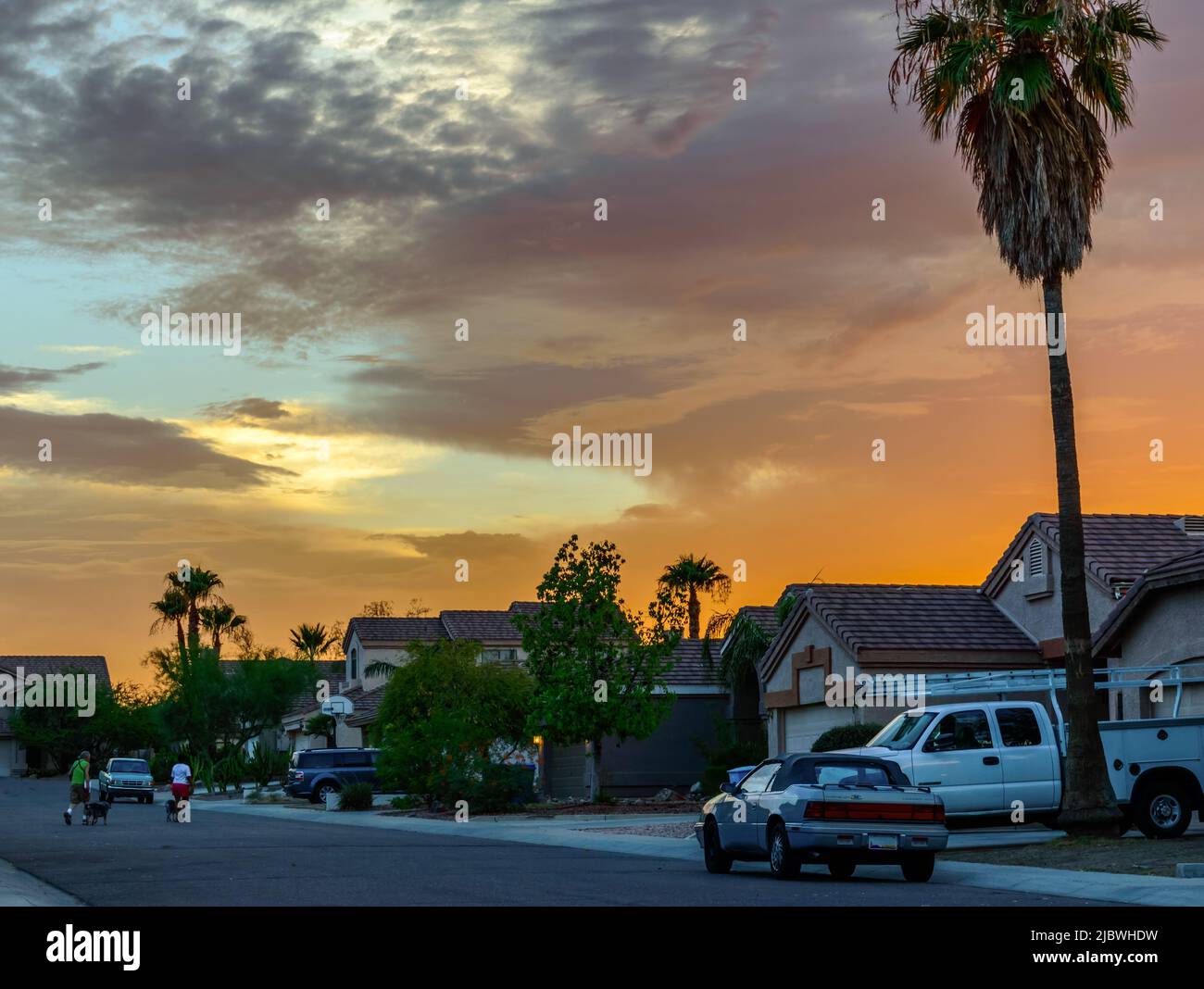 Phoenix neighborhood street during sunset with cloudy golden sky Stock ...