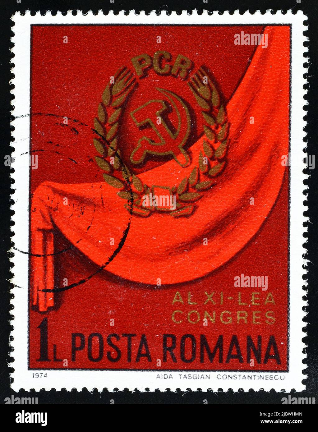 Cancelled postage stamp printed by Romania, that shows Party badge, 9th ...