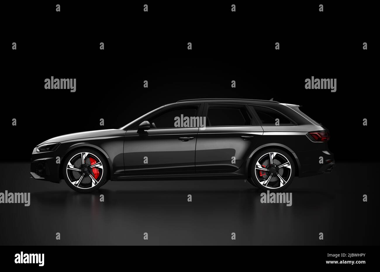 Lateral view of a black generic and unbranded car. 3D illustration ...