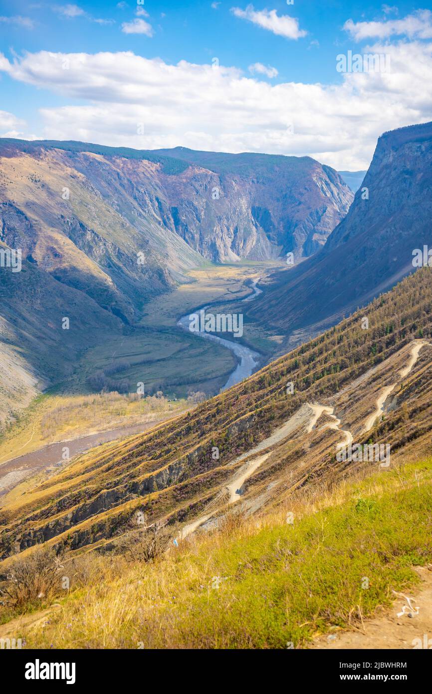 Mountain pass Katu-Yaryk with view on valley of the mountain river ...