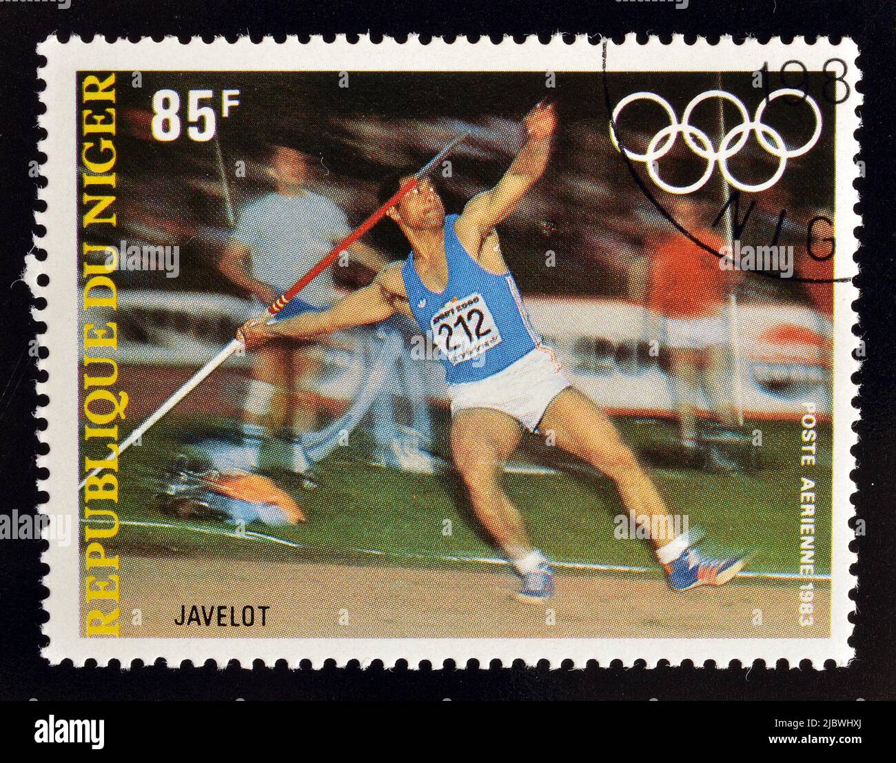 Cancelled postage stamp printed by Republic Niger, that shows Javelin ...