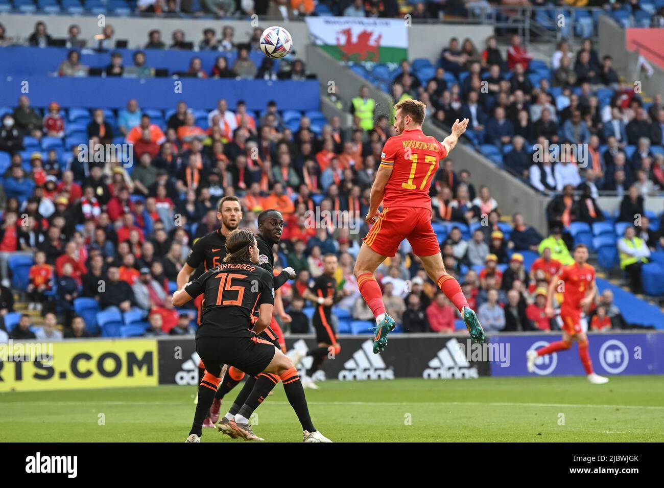 Rhys Norrington-Davies of Wales heads on goal Stock Photo - Alamy