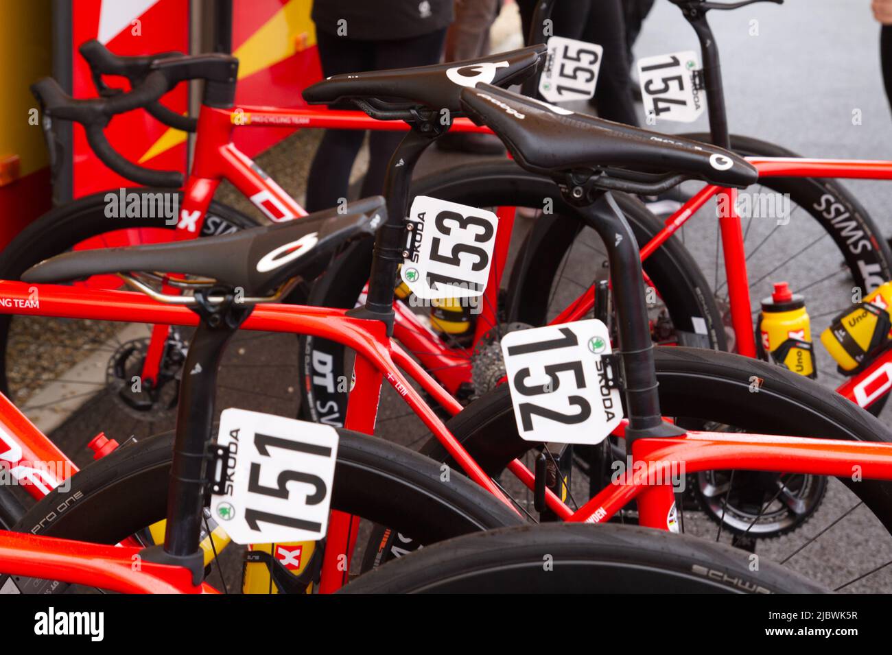 Close up of the competitor numbers on the bikes of Uno-X Pro Cycling ...