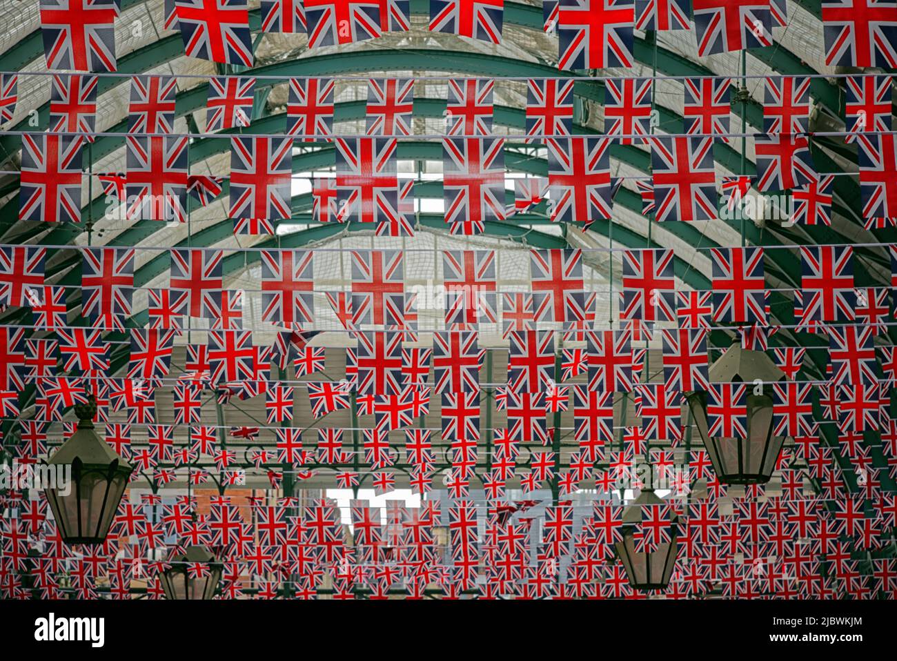 Union Flags on the Celling for the Platinum Jubilee Stock Photo - Alamy