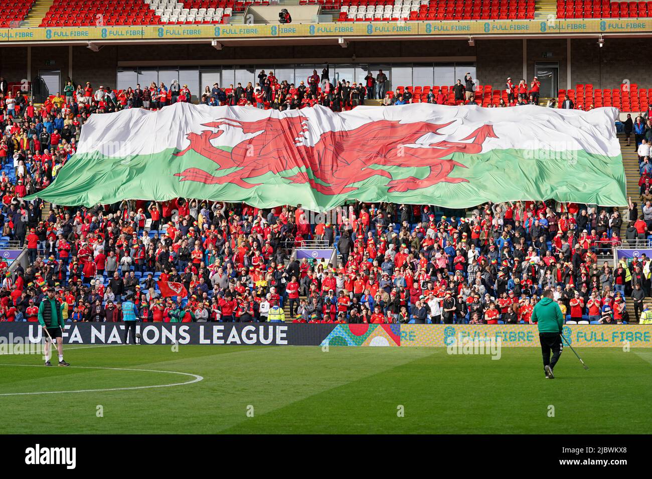 CARDIFF, WALES - JUNE 8: flag of Wales during the UEFA Nations League ...