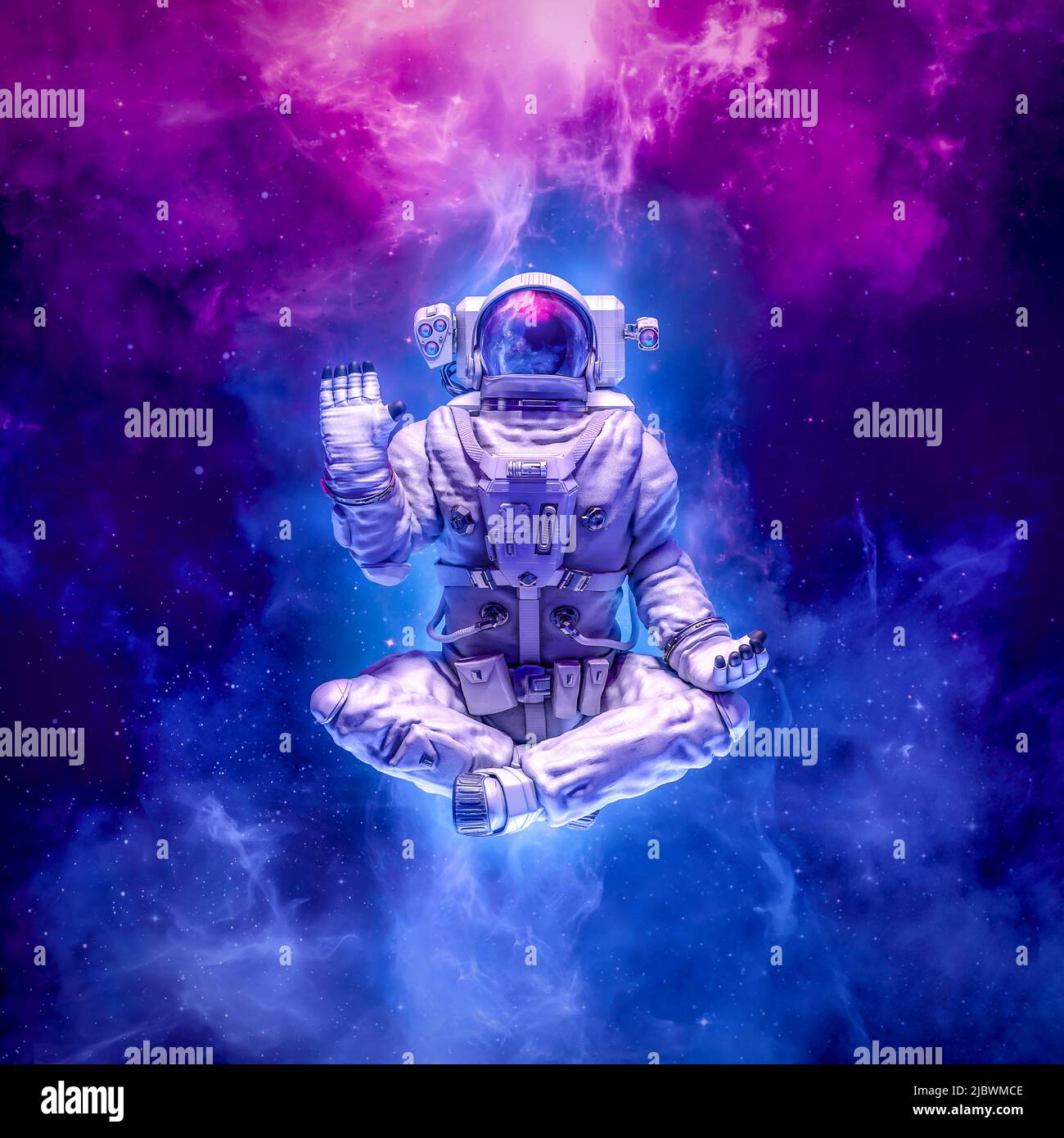 Happy yoga astronaut - 3D illustration of science fiction space suited ...