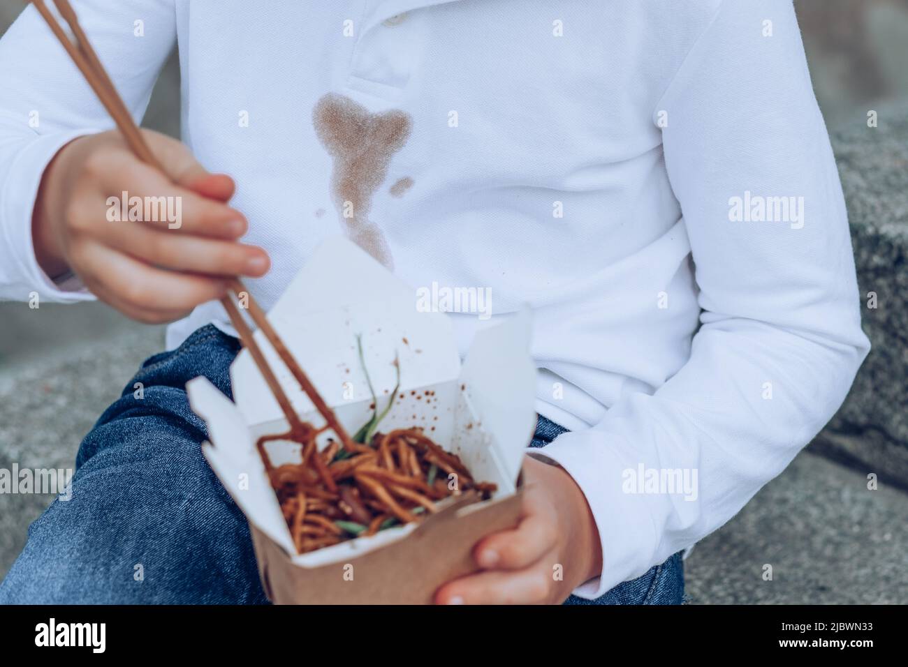 Dirty sauce stains on white clothes. Takeaway food. outdoors Stock ...